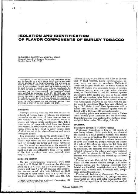 isolation and identification of flavor components of burley tobacco