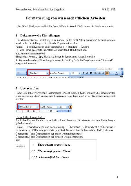 Formatierungen mit Word