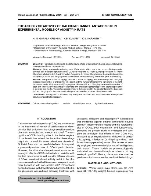 The anxiolytic activity of calcium channel antagonists in ... - medIND