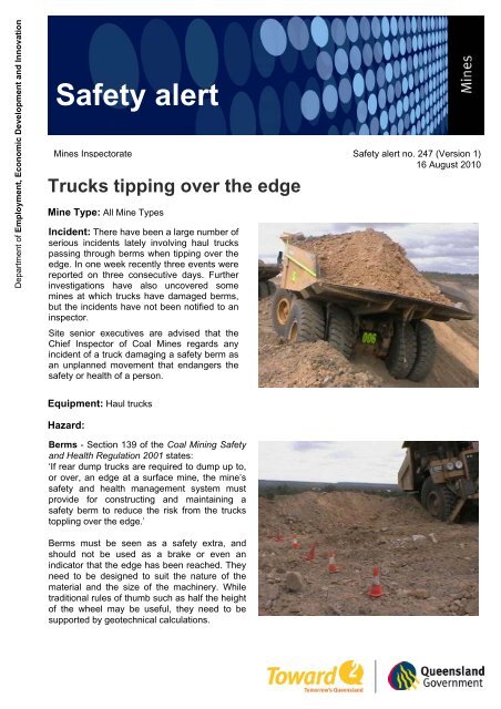 Safety alert 247 Trucks tipping over the edge 1 - Queensland Mining ...