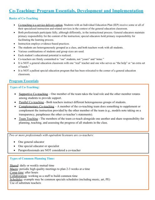 Co-Teaching: Program Essentials, Development and Implementation