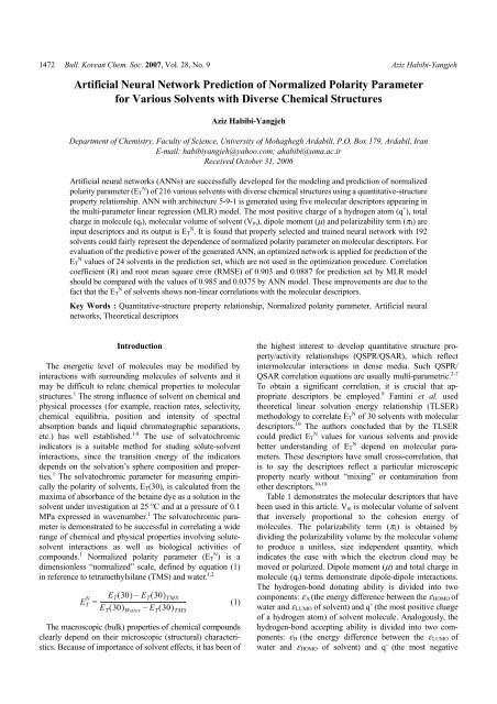 Artificial Neural Network Prediction of Normalized Polarity ... Artificial Neural Network Prediction of Normalized Polarity ...