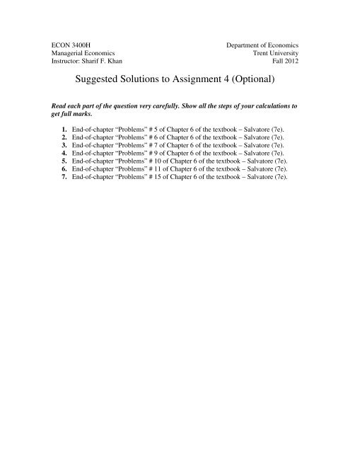 Suggested Solutions to Assignment 4 (Optional) - Trent University