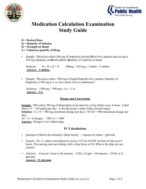 Medication Calculation Examination Study Guide - Department of ... Medication Calculation Examination Study Guide - Department of ...