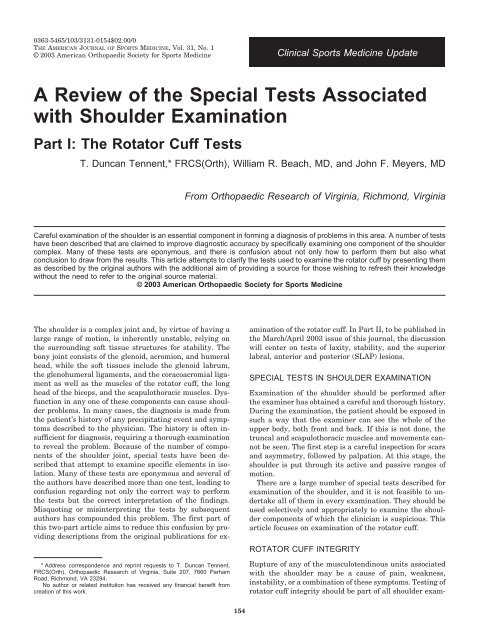 A Review of the Special Tests Associated with Shoulder Examination