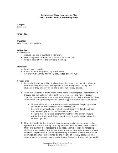 Assignment Discovery Lesson Plan Great Books: Kafka's ...