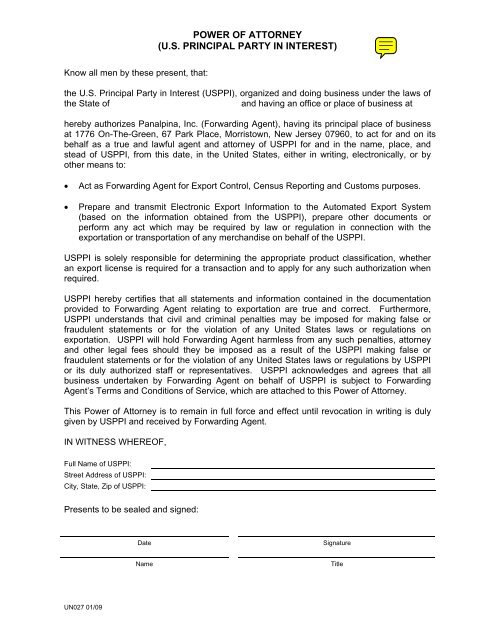 POWER OF ATTORNEY (U.S. PRINCIPAL PARTY IN INTEREST)