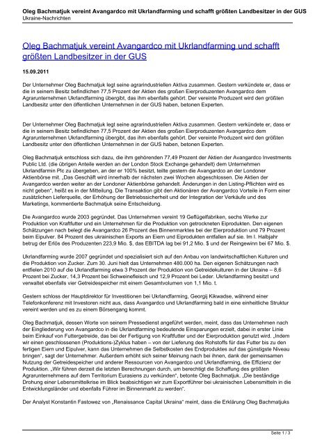 Oleg Bachmatjuk vereint Avangardco mit Ukrlandfarming und schafft ...
