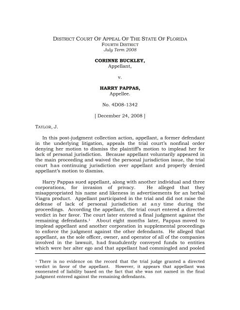 CORINNE BUCKLEY, Appellant, v. HARRY PAPPAS, Appellee. No ...