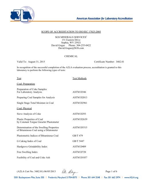 (A2LA Cert No. 3482.01) 06/05/2013 Page 1 of 6 SCOPE OF ...