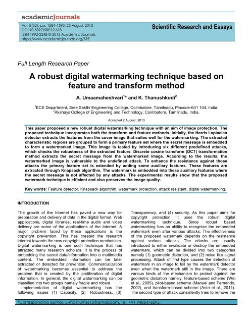 A robust digital watermarking technique based on feature and ...