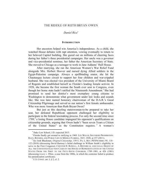 the riddle of ruth bryan owen - Duke University School of Law