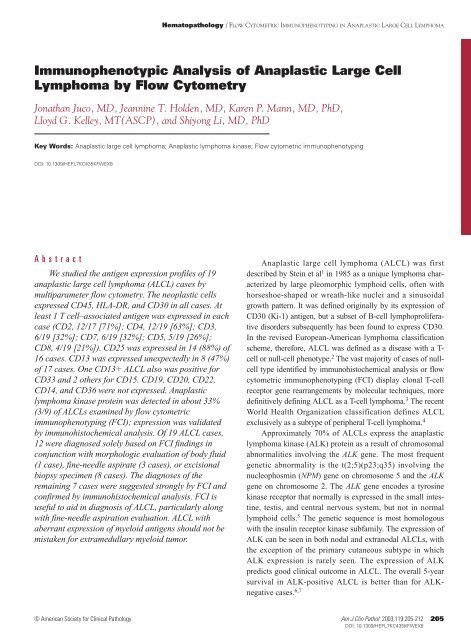 Immunophenotypic Analysis of Anaplastic Large Cell Lymphoma by ...