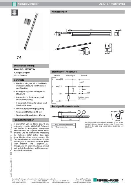 1 Aufzugs Lichtgitter AL4016 P 1650/49/76a - Pepperl+Fuchs