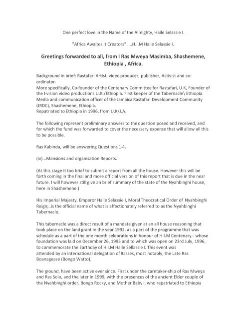 2007 Shashamane Repatriation Report - RasTa Ites
