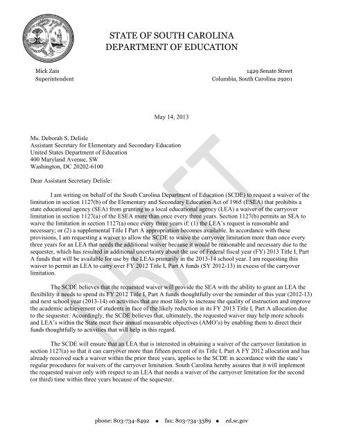 Title I Part A Carryover Request Letter 2013 - South Carolina ...