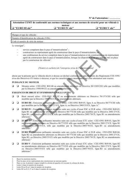 1 N° de l'attestation : …………. Attestation CEMT de conformité ...