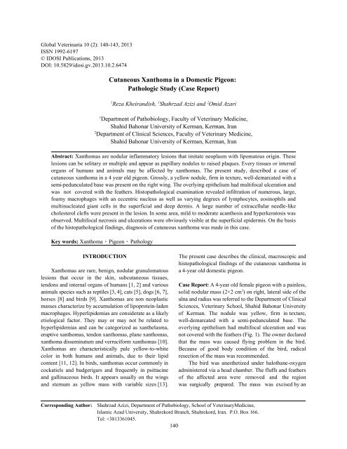Cutaneous Xanthoma in a Domestic Pigeon: Pathologic ... - Idosi.org