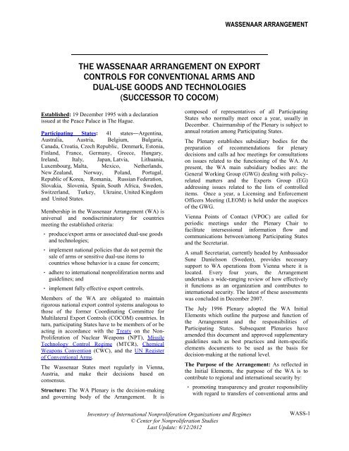 THE WASSENAAR ARRANGEMENT ON EXPORT ... - CNS