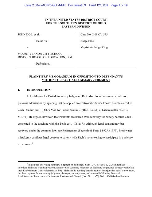 Plaintiffs' memorandum in opposition to Defendant's motion for ... Plaintiffs' memorandum in opposition to Defendant's motion for ...