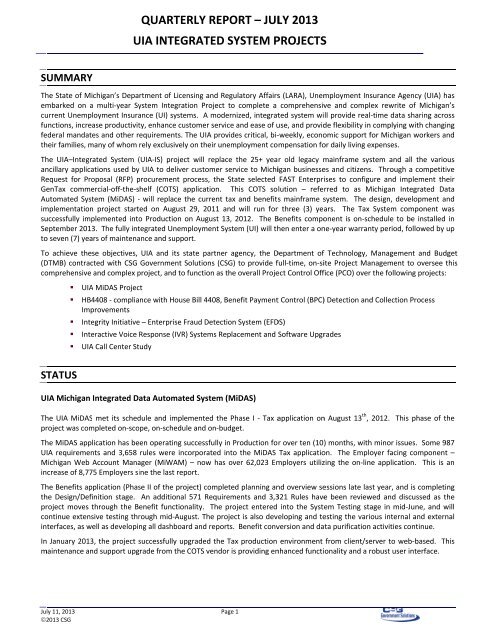 3rd Quarter UIA Integrated System Project Report - State of Michigan
