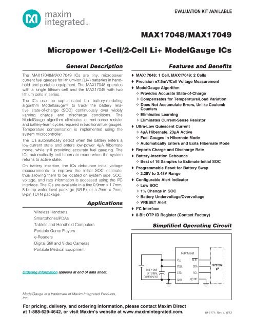 MAX17048/MAX17049 Micropower 1-Cell/2-Cell Li+ ... - Maxim