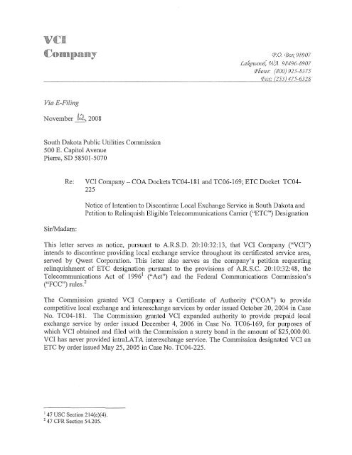 Letter and Application - South Dakota Public Utilities Commission