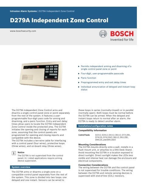 D279A Independent Zone Control - Bosch Security Systems