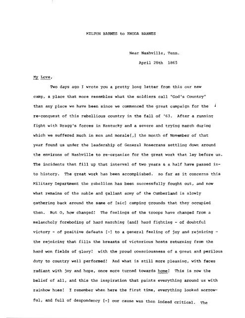 MILTON BARNES to RHODA BARNES April 28th 1865 ~ Love, Two ...