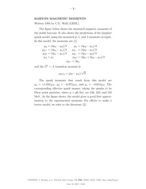 Baryon Magnetic Moments - Particle Data Group