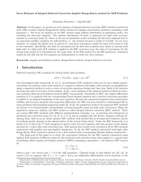 Error Estimate of Integral Deferred Correction Implicit Runge-Kutta ...