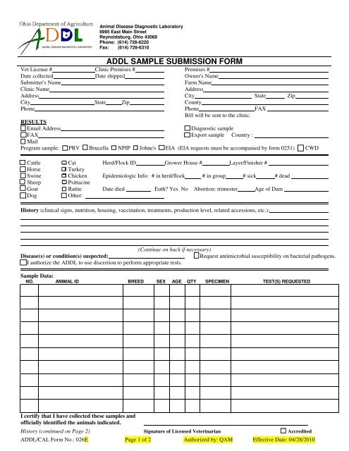 ADDL SAMPLE SUBMISSION FORM