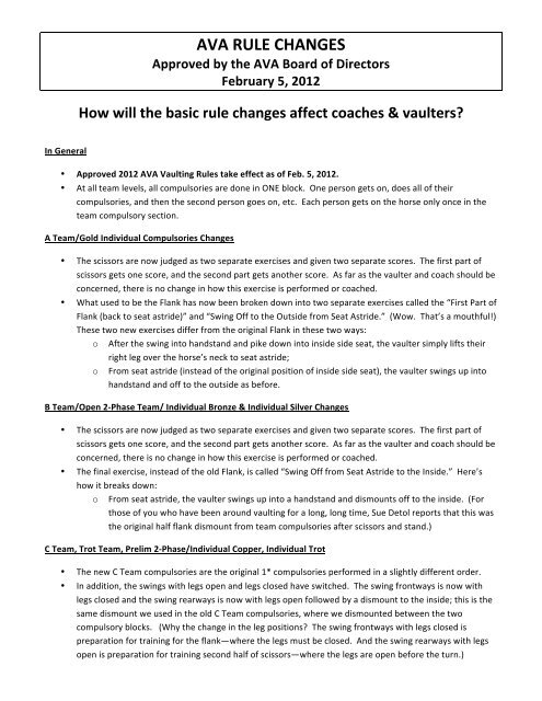 2012 AVA Rule Changes - The Basics - American Vaulting Association
