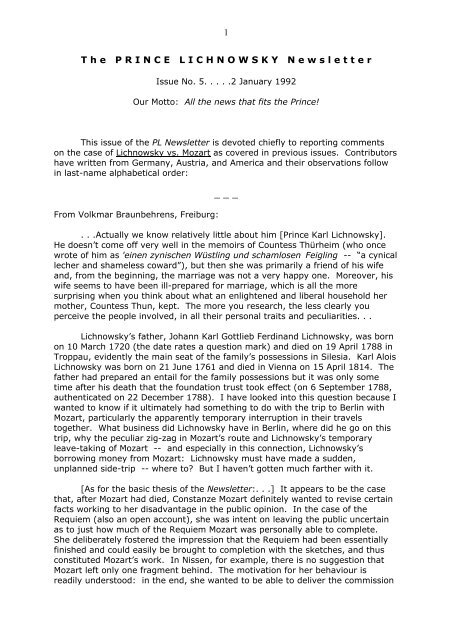 The Prince Lichnowsky Newsletter No.5 - Apropos Mozart