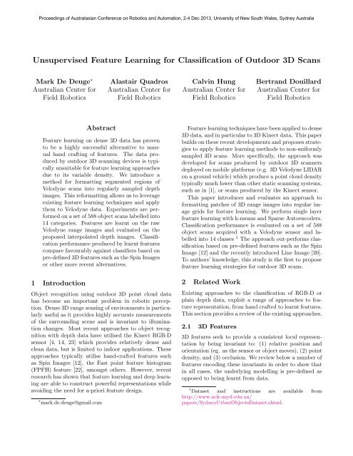 Unsupervised Feature Learning for Classification of Outdoor 3D Scans