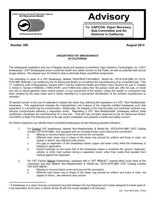 Uncertified VST Breakaways in California - Air Resources Board
