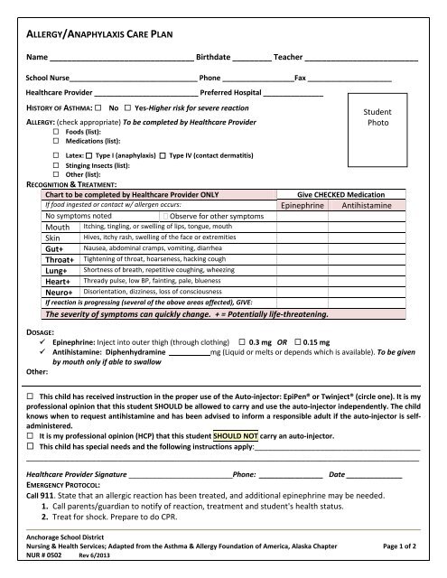 Student Allergy Anaphylaxis Action Plan - Anchorage School District
