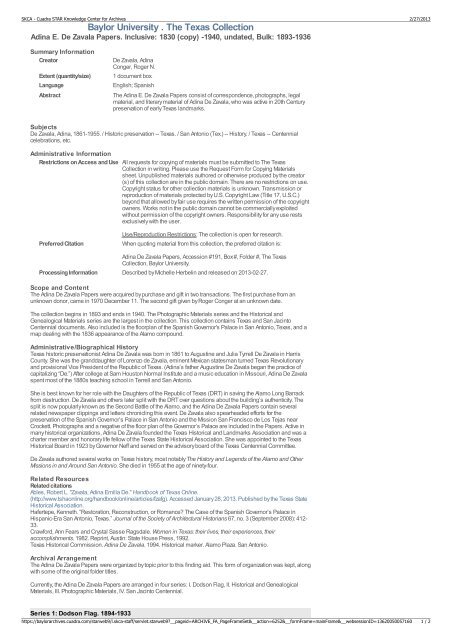 De Zavala, Adina E. Papers - Baylor University