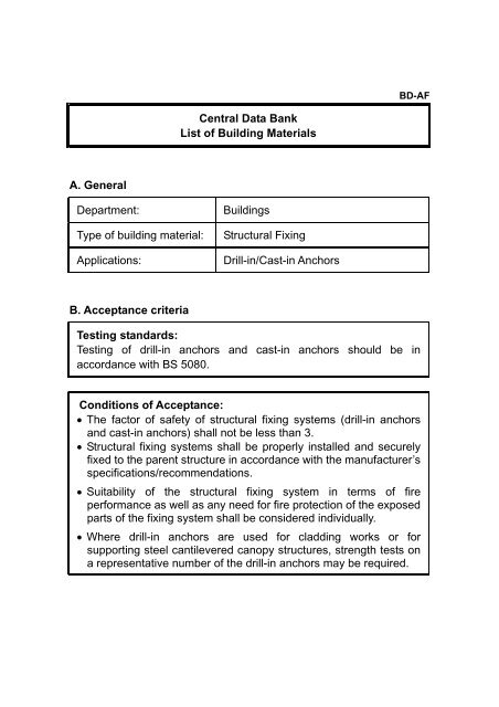 Central Data Bank List of Building Materials Structural Fixing