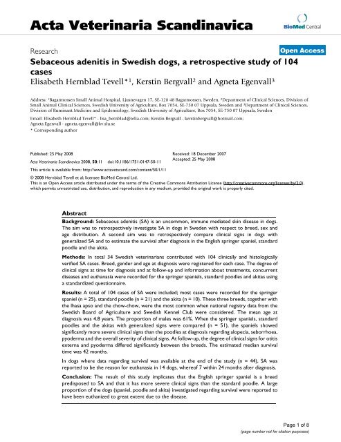 Sebaceous adenitis in Swedish dogs, a retrospective study of 104 ...