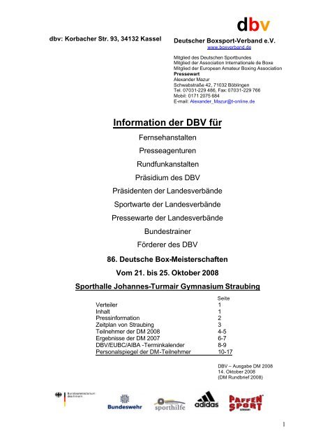 Information der DBV für - Boxen in Hamburg