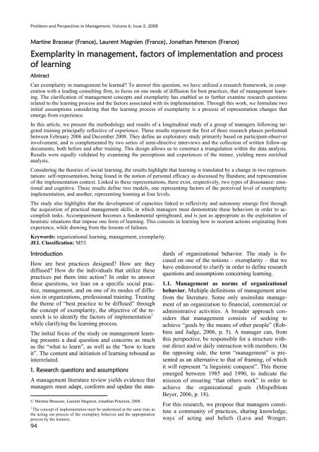 Exemplarity in management, factors of implementation and process ...