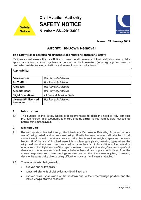 Safety Notice SN-2013/002 - Civil Aviation Authority