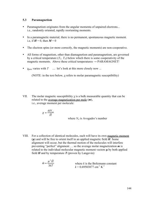 144 5.3 Paramagnetism • Paramagnetism originates from the ...