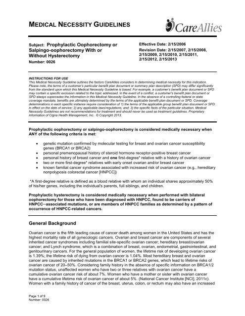 Prophylactic Oophorectomy or Salpingo-oophorectomy With ... - Cigna