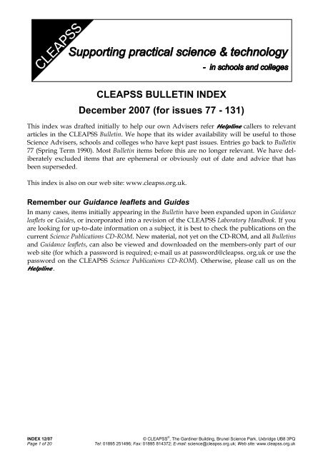 CLEAPSS BULLETIN INDEX December 2007