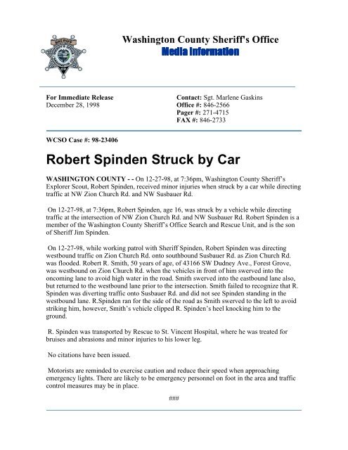 122898 Robert Spinden Struck by Car - Washington County, Oregon