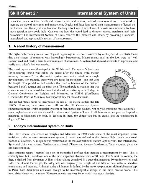 Skill Sheet 2.1 International System of Units