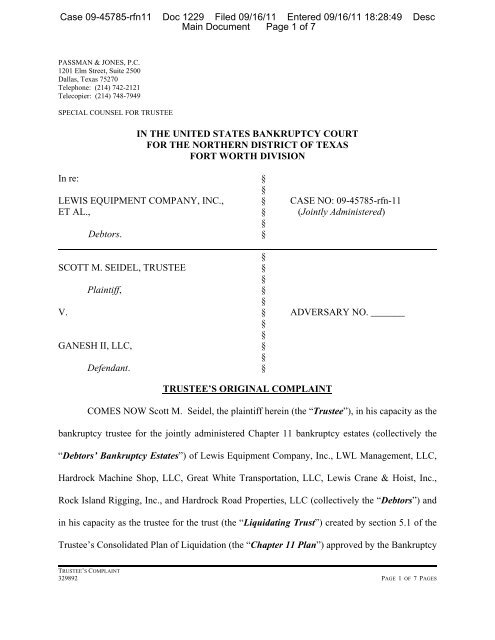 IN THE UNITED STATES BANKRUPTCY COURT FOR THE ...