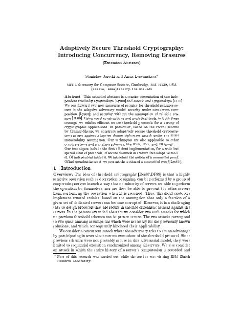 Adaptively Secure Threshold Cryptography ... - Brown University Adaptively Secure Threshold Cryptography ... - Brown University